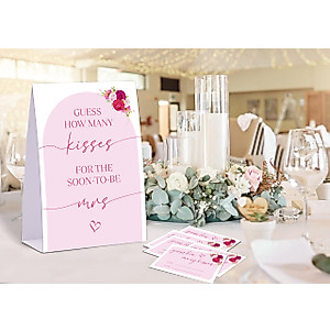 Pink Floral Bridal Shower Game, Guess How Many Kisses For The Soon To Be Mrs, Pack of 1 Sign and 50 Guessing Cards, Modern Bridal Shower Decorations, Wedding Shower Supplies - 01