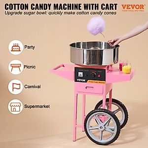 VBENLEM Commercial Cotton Candy Machine with Cart (New Version), Electric Floss Maker with Stainless Steel Bowl, Sugar Scoop and Drawer, for Family and Various Party, Bright Pink