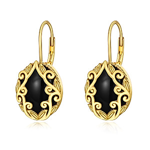 Black Earrings Sterling Silver Onyx Oval Leverback Earrings 18K Yellow Gold Plated Filigree Boho Dangle Earrings Jewelry Christmas Gifts for Women (Black onyx earrings)