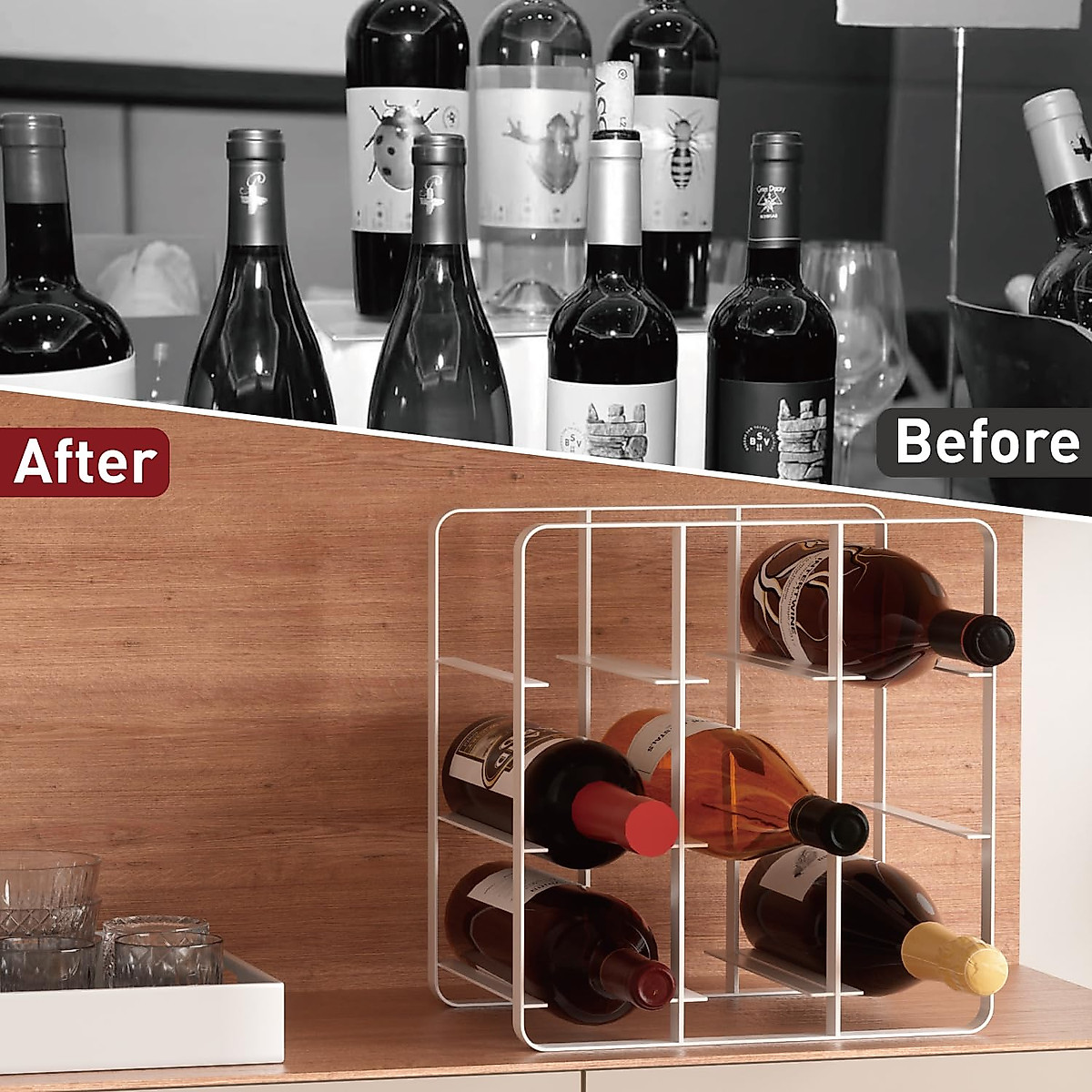 Buruis 9 Bottles Metal Wine Rack, Free-Standing Cabinet Water Bottle and Wine Rack Storage Organizer for Kitchen Countertop, Pantry, Fridge, Space Saver Protector for Red and White Wines Bottle