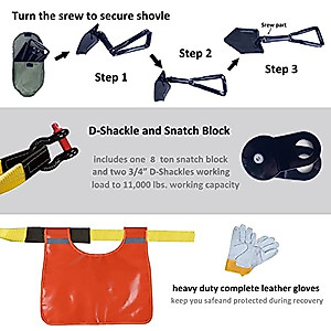 Autofonder 11Pcs Recovery Gear Offroad 4x4 kit-3 Pk Snatch Straps+2 D-Shackles+Snatch Block+Folding Survival Shovel+Tire Deflator+ Leather Gloves+Winch Dampener +Gear Bag- Tow Strap Recovery Set