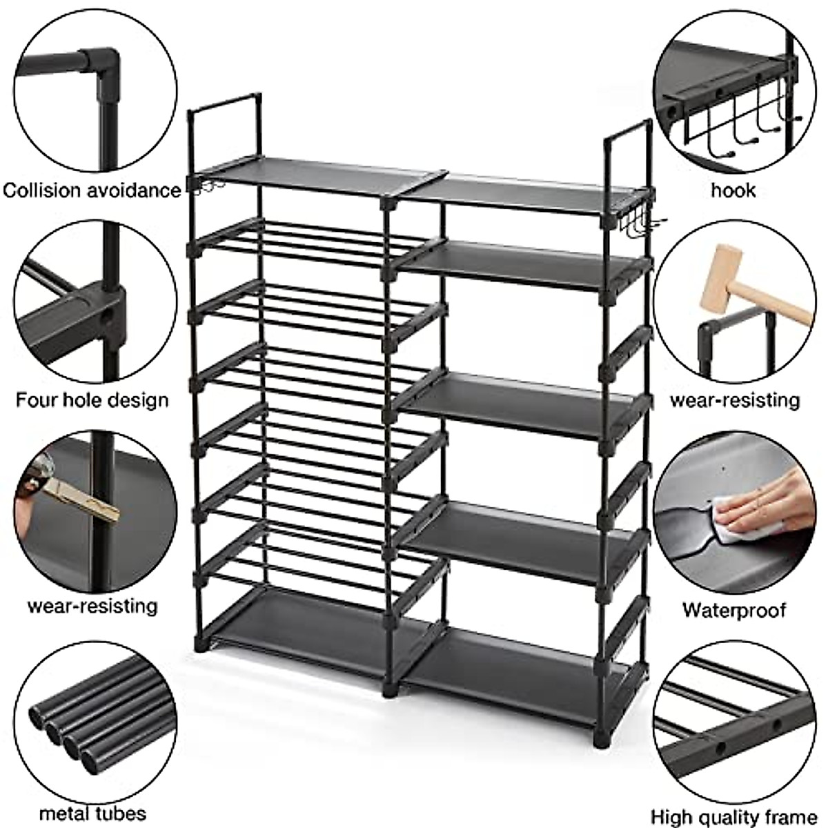 EXQ Home Black Metal Shoe Rack for Closet,8 Tiers Free Standing Shoe Racks for Entryway with Side Hooks,24-30 Pairs Shoe and Boots Shelf, Tall Shoe Organizer for College Dorm, Door and Garage