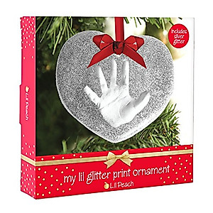 Lil Peach Baby’s Print Clay Heart Christmas Ornament, Holiday Newborn Handprint or Footprint Making Kit, Baby's First Christmas Tree Ornament Keepsake, Silver Glitter Heart