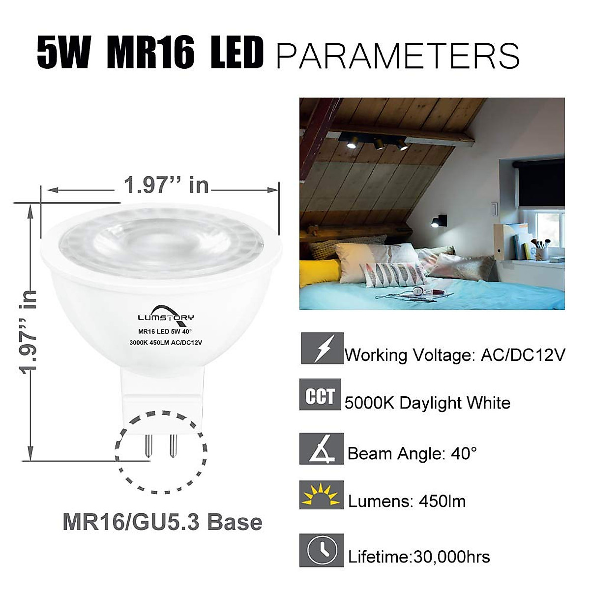 MR16 LED Bulb 5000K Daylight 12V GU5.3 Bipin Base Non-Dimmable 50W Equivalent Halogen Bulbs 5W LED Replacement for Landscape Track Lighting 10-Pack