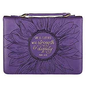 Christian Art Gifts Women's Fashion Bible Cover Strength and Dignity Proverbs 31:25, Purple/Gold Sunflower Faux Leather, Large