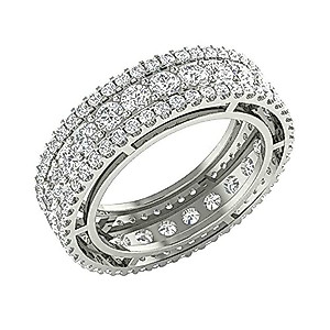 3 1/2 CT Round Shape White Cubic Zirconia Stones Three Row Wedding Engagement Anniversary Womens Band Ring in 14K White Gold Plated 925 Sterling Silver (3.50 Cttw) Ring Size - 9.5