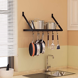 Miyili Pot Rack Square Grid Wall Mounted Kitchen Pot And Pan Organizer Shelf With 10 Hooks, 24 by 10-inch (Black), KR301B1