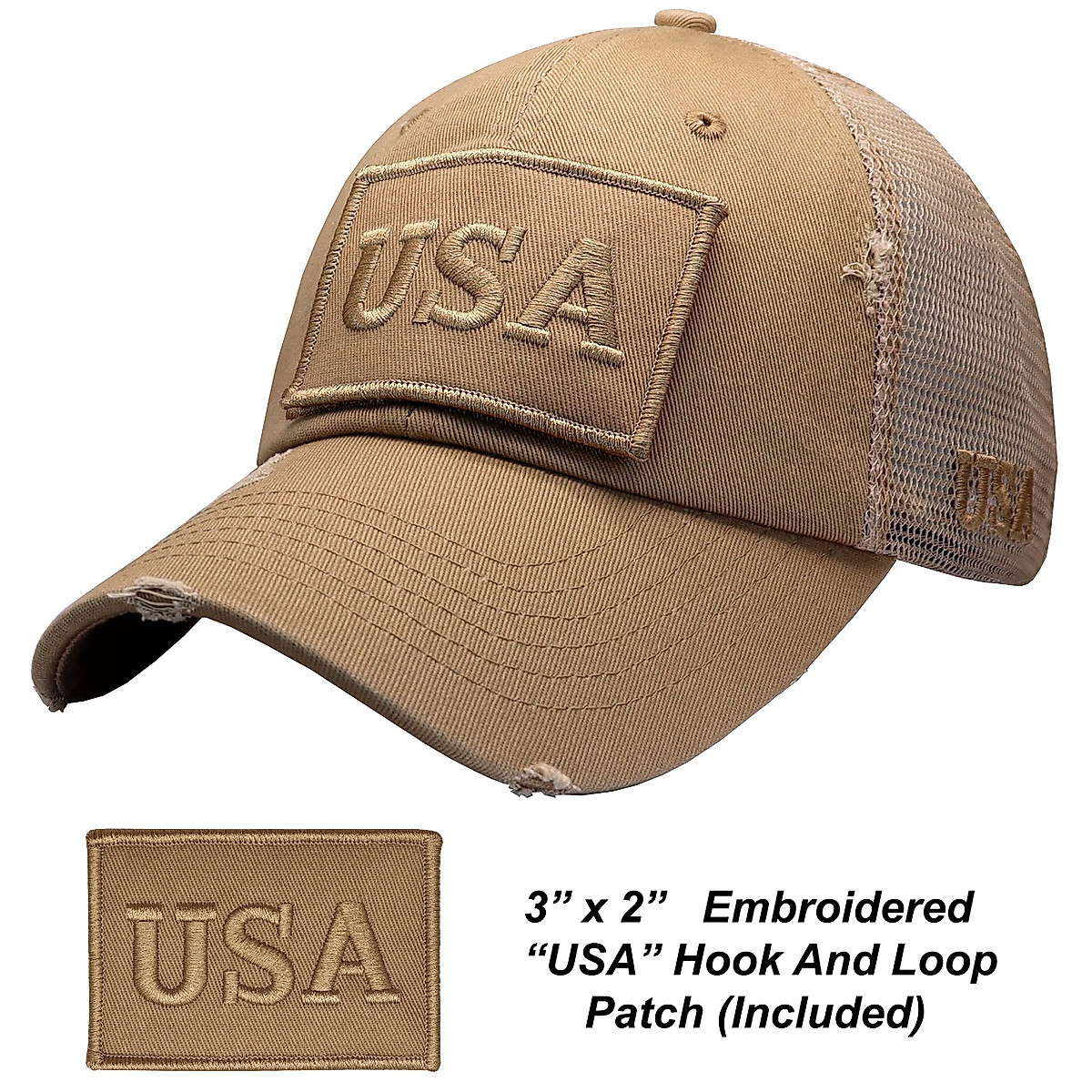 Antourage American Flag Unconstructed Hat for Men and Women Twill Mesh Snapback Baseball USA Flag Cap + 2 Patriotic Patches ((10) Khaki Distressed Mesh Snapback)