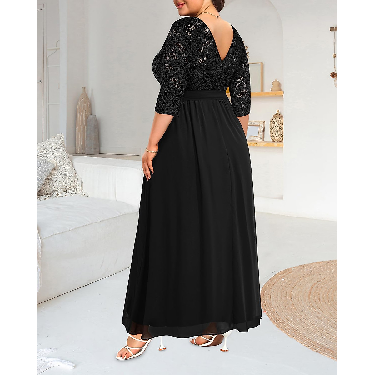 Plus Size Black Formal Gowns Evening Dresses Lace Wedding Prom Party 3/4 Sleeve Long Maxi Elegant Dresses for Women