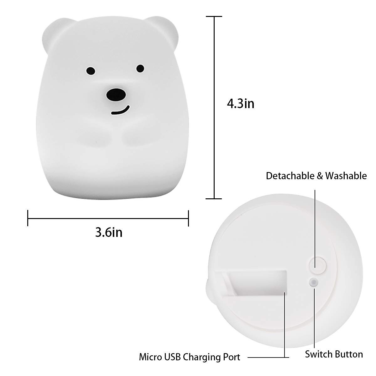 Yuede Kids Night Light for Bedroom, Silicone USB Rechargeable Night Lights, 9 Colors Change with Touch Sensor and Remote Control for Baby/Kids/Adult Gifts (Bear)