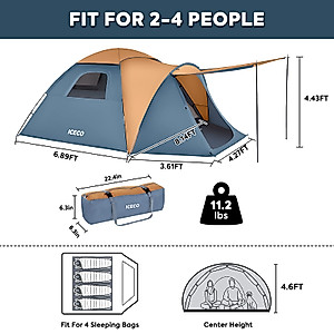 ICECO Camping Tents 4 People,4 Person Tents for Camping Waterproof Windproof Dome Tent,4 Season Tent with Screen Room,Easy Setup,with Removable Rain Fly
