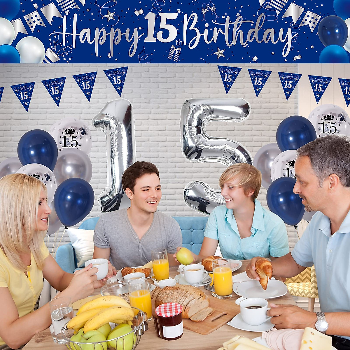 15th Birthday Decorations for Boys and Girls Blue, Happy 15th Birthday Backdrop Banner Balloons 15 Years Old Party Supplies with HAPPY BIRTHDAY Banner Silver 15 Birthday Decor 15th Bday Women Her Him