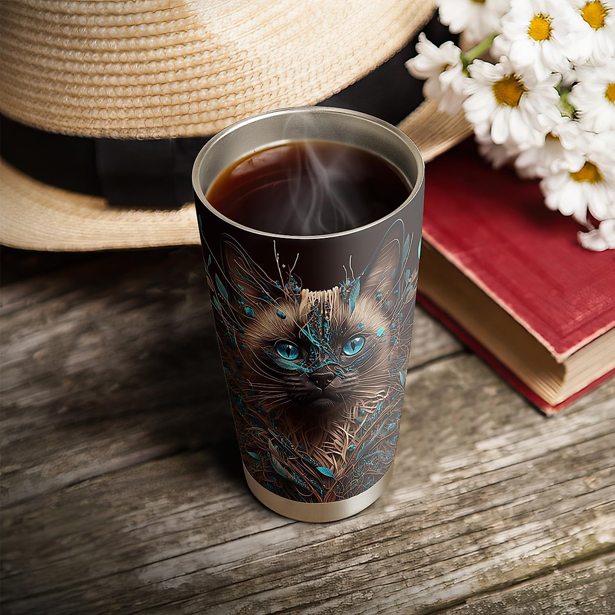 20oz Cute Beautiful Flower Cat Tumbler, Gifts for Cat Lovers, Coffee Thermos for Women, Stainless Steel Double Wall Vacuum Insulated Coffee Mug, Travel Cup with Lid
