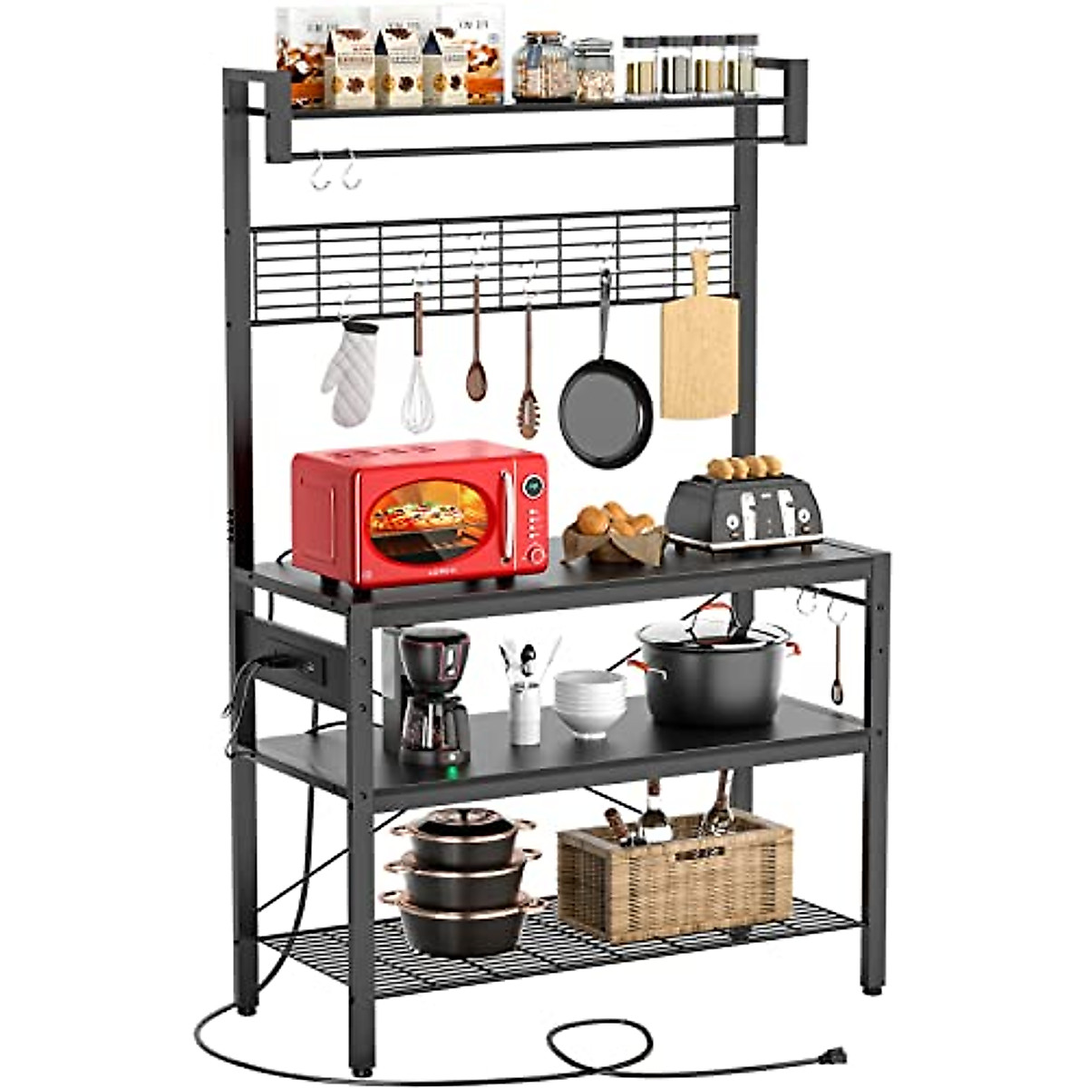 Bakers Rack with Power Outlet, 4-Tier Microwave Oven Stand, Coffee Bar Station with 10 Hooks, Large Kitchen Storage Shelf with Hutch, Black