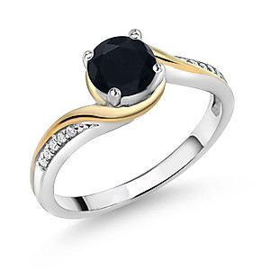 Gem Stone King 925 Sterling Silver and 10K Yellow Gold Round Black Onyx and White Moissanite Engagement Ring For Women (0.85 Cttw, Gemstone Birthstone, Available In Size 5, 6, 7, 8, 9)