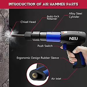 Air hammer, NEU PNEUPACTURE 250mm long barrel air chisel kit, with 4pcs chisels, with quick change retainer, 2200bpm, front exhuast, air chisel for shoveling and cutting