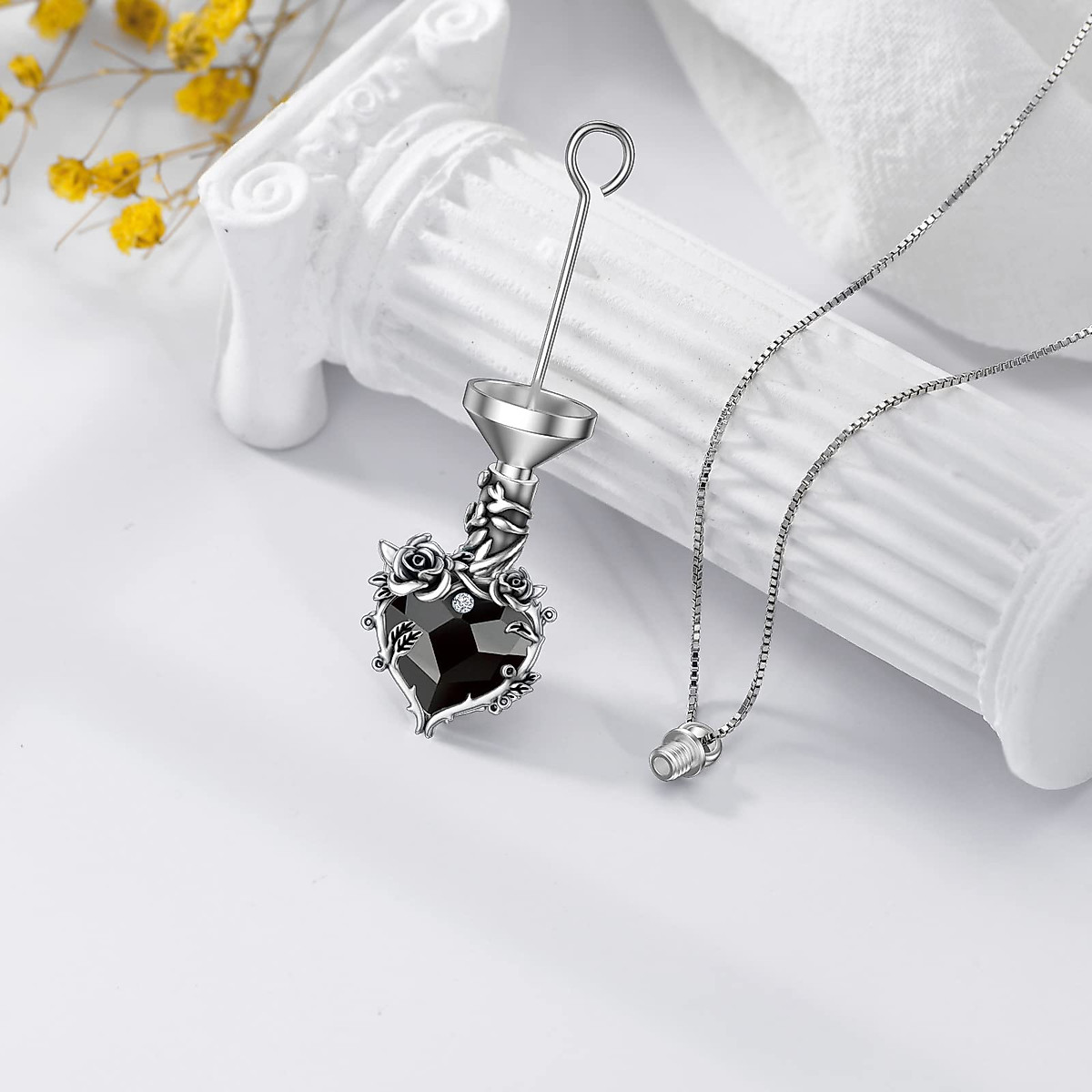 TOUPOP Rose Urn Necklace for Ashes 925 Sterling Silver Cremation Jewelry for Women with Black Heart Crystal w/Funnel Filler Ash Holder Necklace Pendant Funeral Keepsake Memorial Jewellery