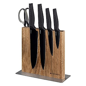 Navaris Wood Magnetic Knife Block - Double Sided Wooden Magnet Holder Board Stand for Kitchen Knives, Scissors, Metal Utensils - Acacia, 8.9 x 8.7 in