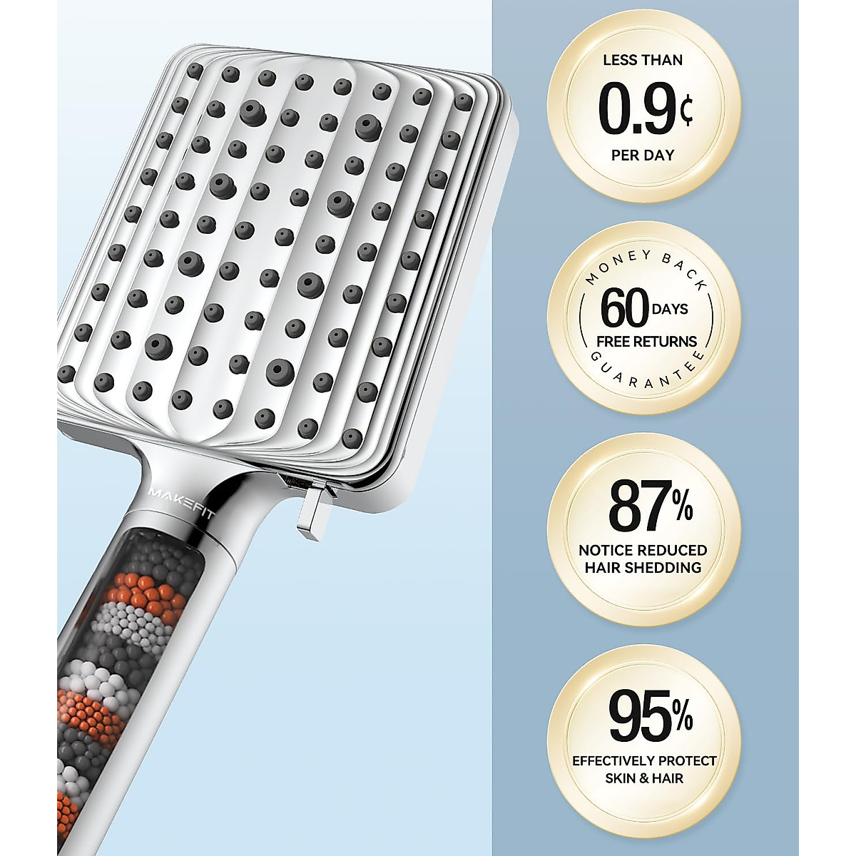 MakeFit Filtered Shower Head - 6 Modes High Pressure Handheld Shower Head with Filter Mineral Beads, Detachable Handheld Showerhead Set with Stainless Steel Hose and Shower Arm Bracket