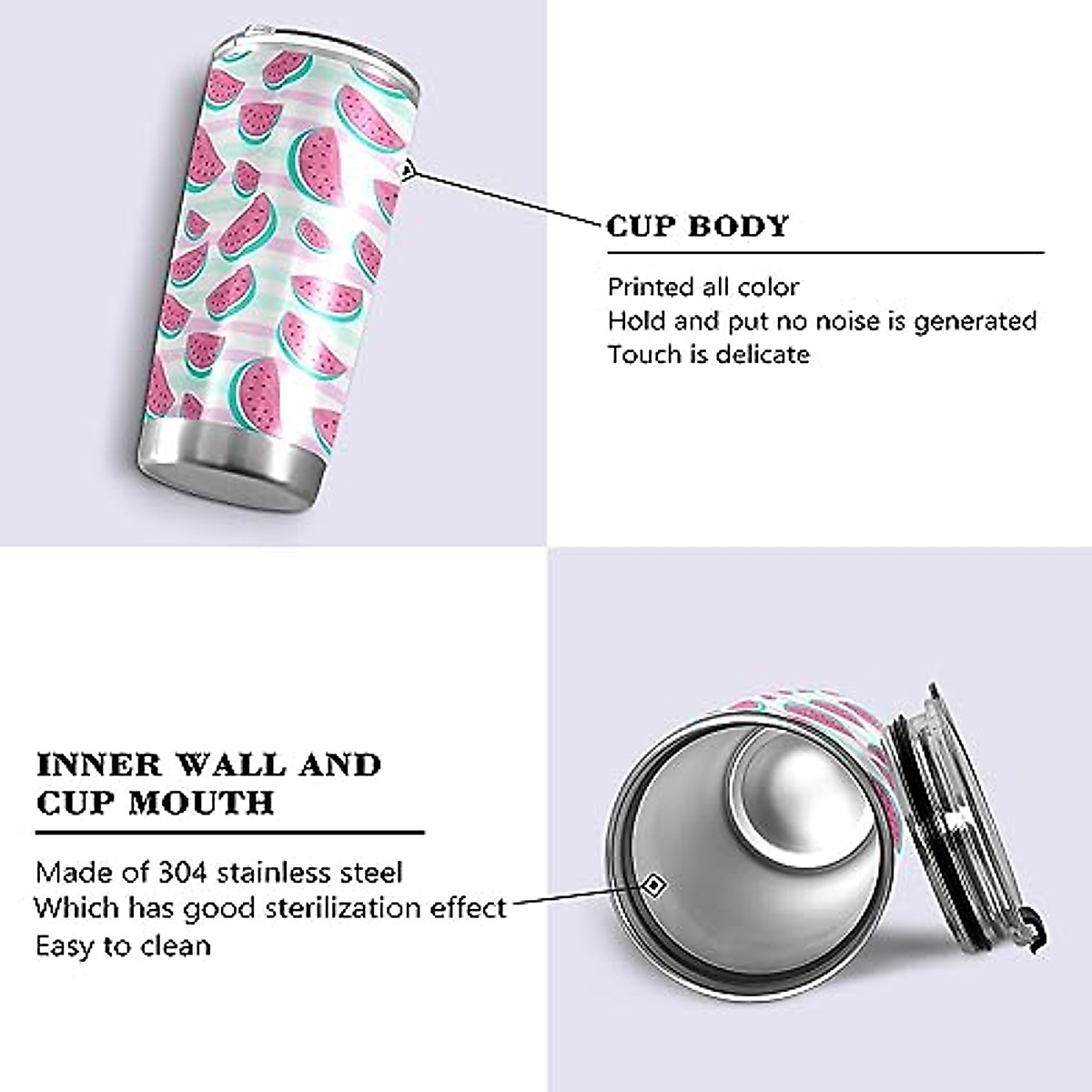 Jihqo Watercolor Striped Watermelon Tumbler with Lid and Straw, Insulated Stainless Steel Tumbler Cup, Double Walled Travel Coffee Mug Thermal Vacuum Cups for Hot & Cold Drinks 12oz