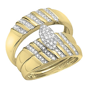 Dazzlingrock Collection 0.35 Carat (ctw) Round White Diamond Men's and Women's Engagement Ring Trio Set 1/3 CT | Yellow Gold Plated Sterling Silver | Women size 7 and Men size 10