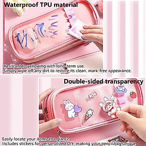 UINSUE Cute Pen case Adorable Bunny Transparent 3-Layer Large Capacity Pencil Case Gadget organizer with Lovely Stickers (Purple)