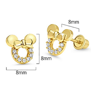 14k Gold Plated Brass Mouse Cubic Zirconia Screwback Baby Girls Earrings with Sterling Silver Post