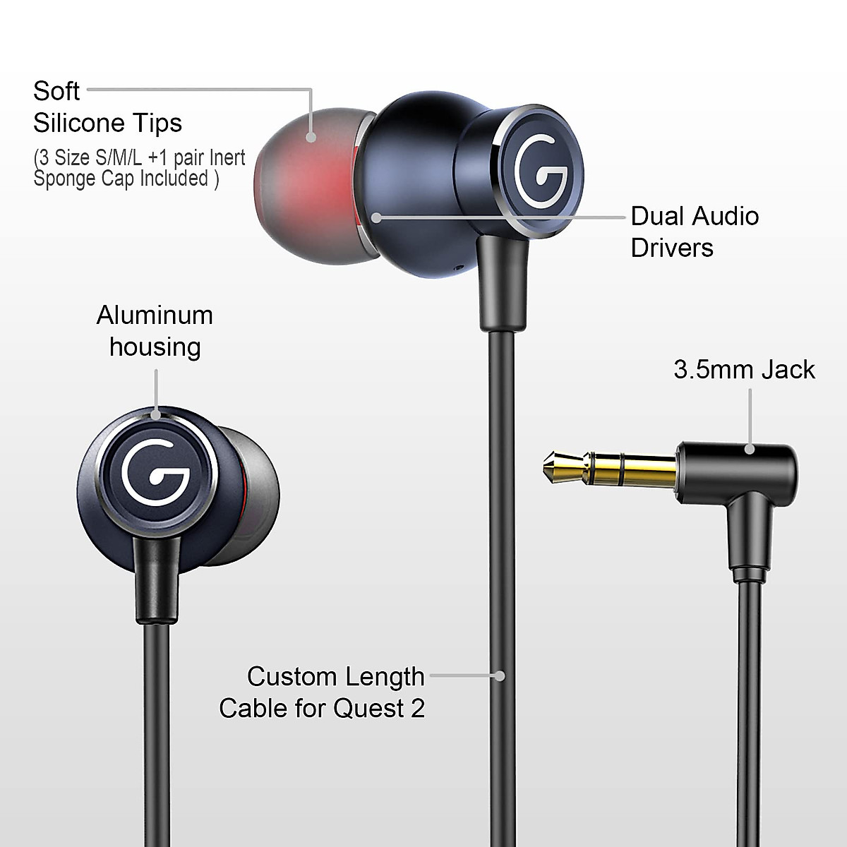 GEVO Durable in-Ear Earphones for Oculus Quest 2, Noise-Isolating VR Inert Sponge Earbuds with Silicone Caps Compatible with Rift S VR Headset (Black)