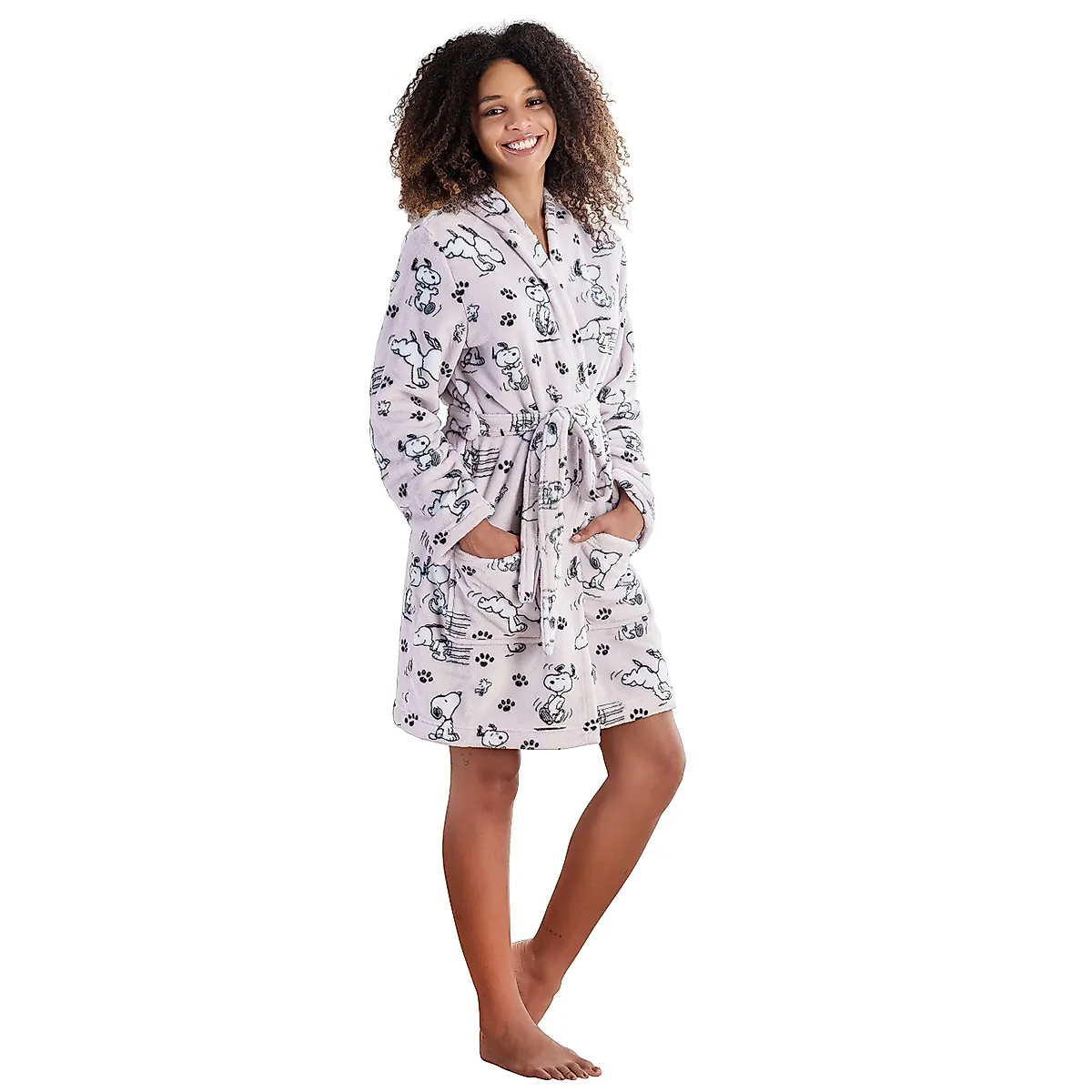 Berkshire Blanket Peanuts® Snoopy VelvetLoft® Soft Lightweight Women Robes, Short Hooded Robe with Pockets, Gifts for Women(Peanuts Poses and Paws Lavender, Large)