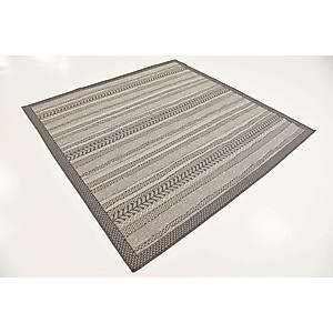 Unique Loom Outdoor Border Collection Area Rug - Lines (6' 1" Square, Gray/ Silver)
