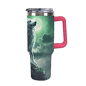 Wolf Full Moon 40 Oz Car Cup Stainless Steel Travel Mug Leak-Proof Insulated Tumbler with Handle Light Rose Red-style
