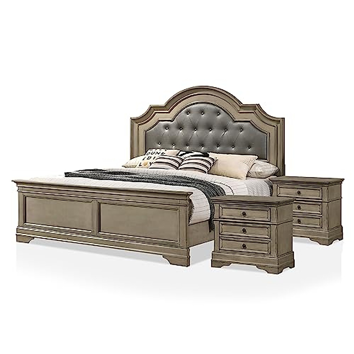 Furniture of America Apollinarius Transitional Wood 3-Piece Set, Tufted Headboard King-Size Bed and 3-Drawer Nightstand for Bedroom, Antique Warm Gray