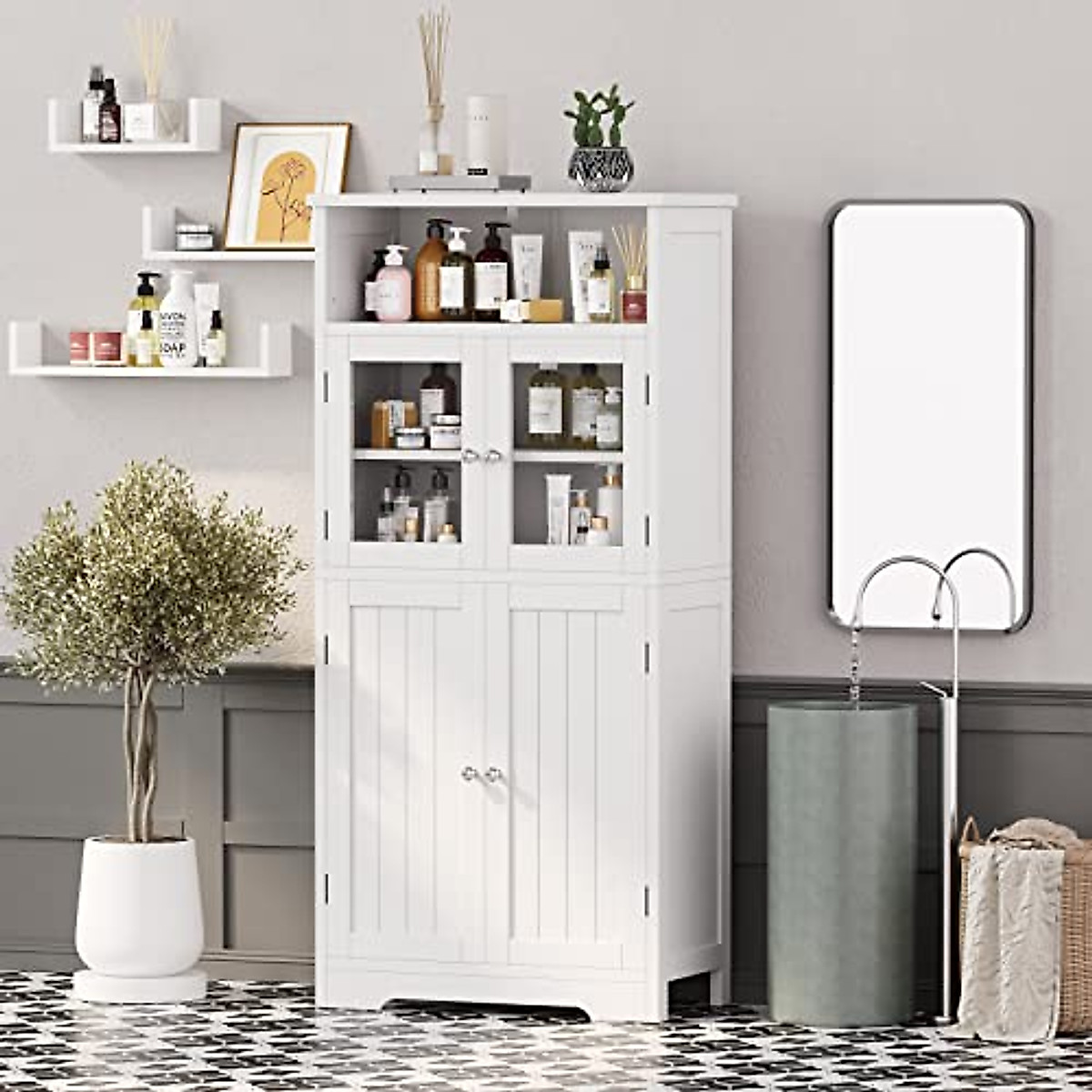 Irontar Bathroom Storage Cabinet, Freestanding Bathroom Cabinet with Open Shelf, Kitchen Pantry Cabinet with Doors for Living Room, Bathroom Floor Cabinet, 23.6 x 11.8 x 50.4 Inches, White CWG007W