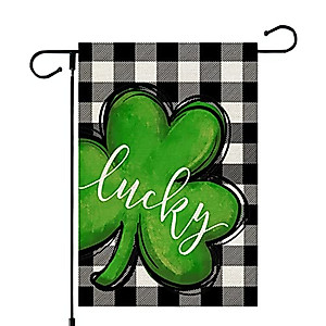 CROWNED BEAUTY St Patricks Day Garden Flag 12x18 Inch Double Sided for Outside Small Burlap Green Shamrock Lucky Black White Buffalo Plaid Yard Holiday Flag CF737-12