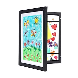 Giftgarden Black Kids Art Frame Changeable, Matted Display 8.5x11 Picture with Mat or 10x12.5 without Mat, Hinged Wood Frames for Children Artwork Projects Drawing Storage, Holds 150Pcs A4