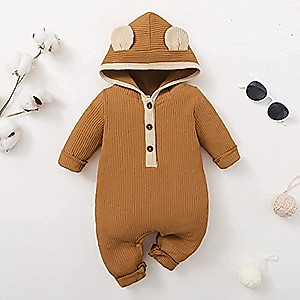 DISAUR Baby Girl Boy Clothes Newborn Outfit,Infant Baby Romper Cute Bear Ear Hooded Cotton Jumpsuit Long Sleeve Bodysuit 0-3M Brown