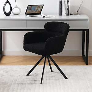 Zesthouse Sherpa Desk Chair No Wheels, Swivel Vanity Chair for Girls Women, Modern Accent Armchair with Extra Backs, Upholstered Computer Task Chair for Living Room Bedroom, Black