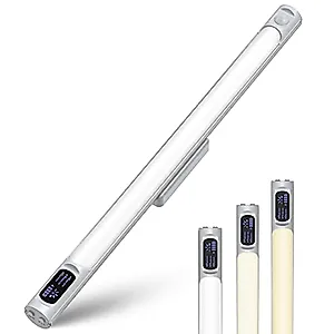 Motion Sensor Light Indoor, 64 LED Closet Lights with Digital Display, 14in Battery Operated Under Cabinet Lights for Closet/Wardrobe/Kitchen, Rechargeable Stick-on Night Light with 3 Color Temps