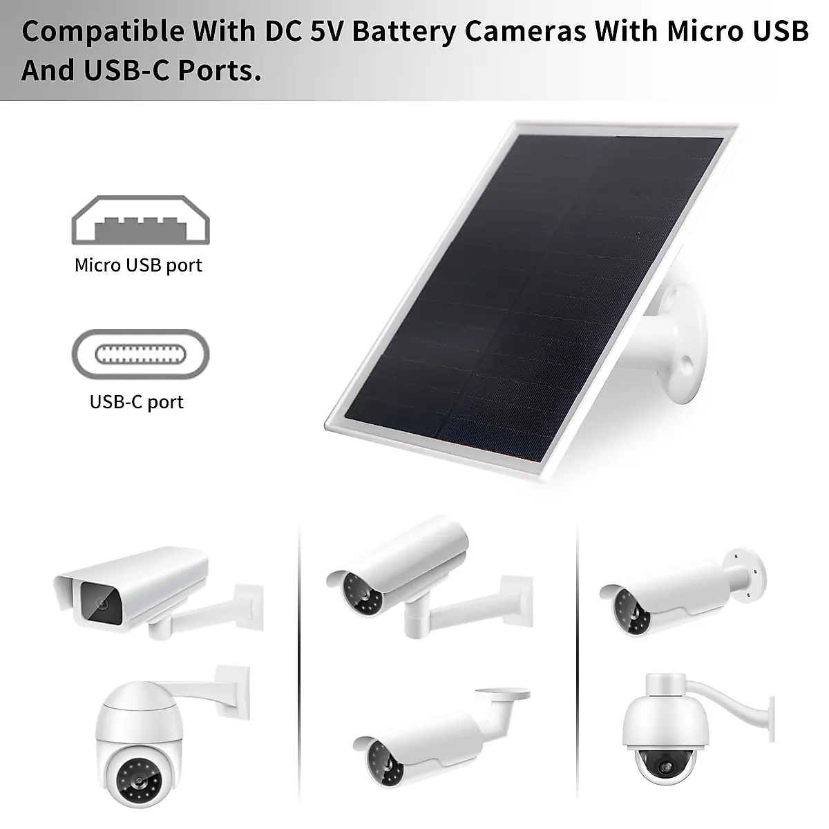 Solar Panel Charger, Solar Panel for Security Camera,6W USB Solar Panel with Micro USB & USB-C Port, IP66 Waterproof Camera Solar Panel with 360°Adjustable Mounting