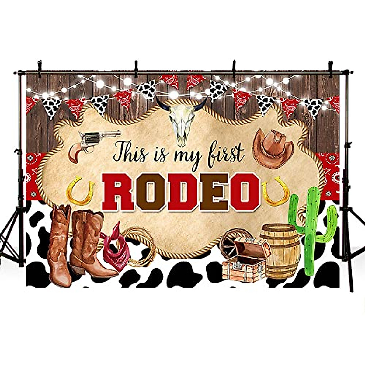AIBIIN 7x5ft My First Rodeo 1st Birthday Backdrop Western Cowboy First Bday Photo Photography Background Cow Print Wild West Rustic Wood Boot Hat Party Decorations Banner Photo Shoot Studio Props