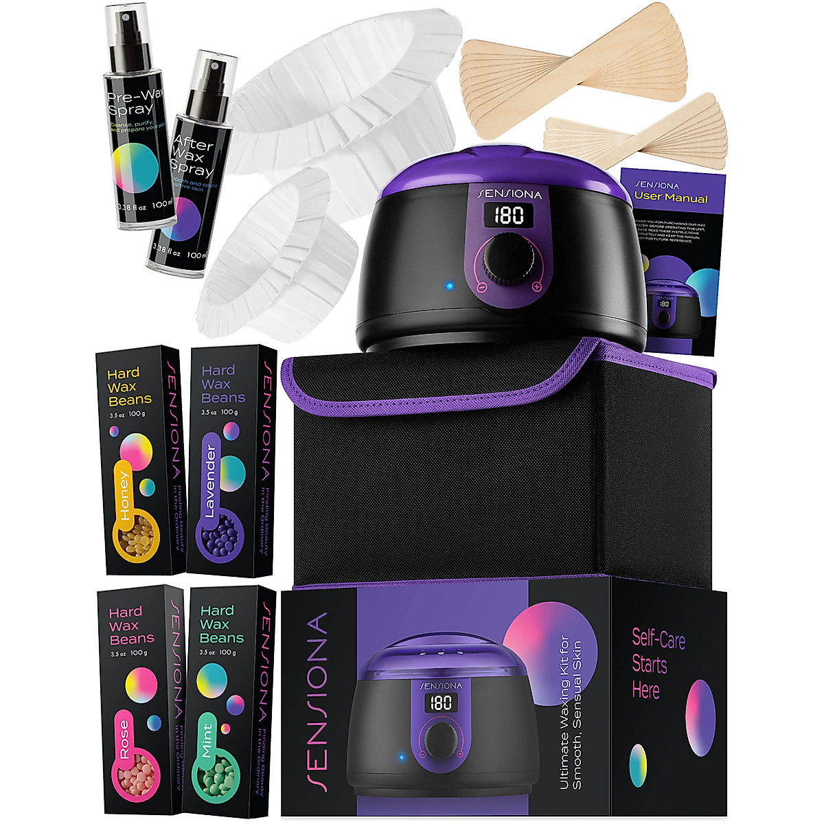 Sensiona Hot Wax Kit, Unisex Hot Wax Hair Removal. Complete Home Waxing Kit for Hair Removal, Brazilian Bikini Wax, Underarms, Legs and Face Hair. Includes No Mess Wax Liners and Gentle Skin Spray.