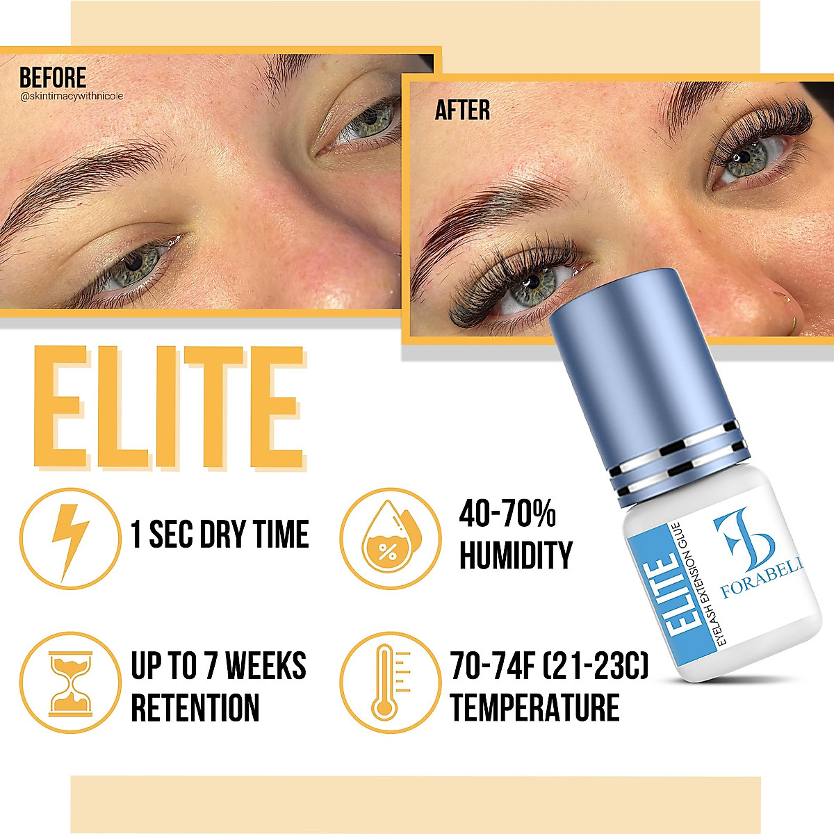 Forabeli Elite Fast Dry Eyelash Glue 5ml - 1 Sec Drying Time, 7 Weeks Retention, Maximum Bonding Power, Black Adhesive for Professional Use