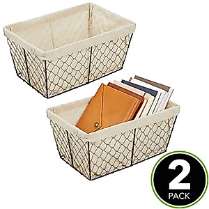 mDesign Medium Metal Farmhouse Home Storage Organizer Basket - Chicken Wire Design, Fabric Liner for Kitchen, Bathroom, Living Room, Pantry, Cupboard, Shelves, Countertop, 2 Pack - Bronze/Natural