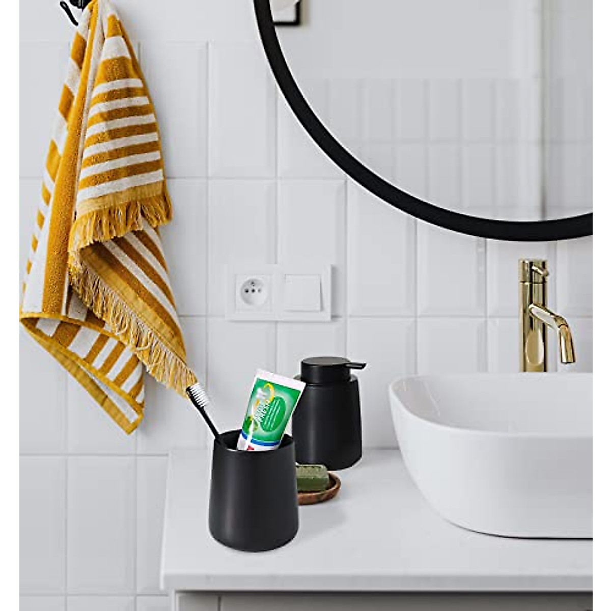 Matte Black Ceramic Soap Dispenser and Toothbrush Holder Set of 2, 12oz Hand Dish Soap Dispenser - Toothbrush and Toothpaste Cup Holders for Bathroom, Kitchen, Countertop Dresser