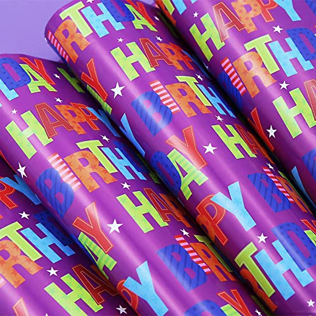 Happy Birthday Wrapping Paper For Kids Girls Boys Women Men, Purple Birthday Gift Wrapping Paper, Wrapping Paper Birthday 6 Sheets Folded Flat 20x28 Inches per Sheet