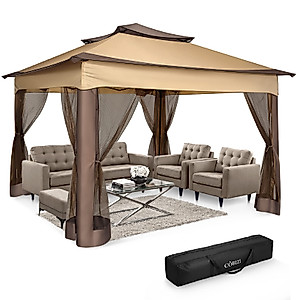 COBIZI Pop Up Gazebo Patio Gazebo 11x11 Outdoor Gazebo with Mosquito Netting Outdoor Canopy Shelter with Double Roof Ventiation 121 Square Feet of Shade for Lawn, Garden, Backyard and Deck, Brown