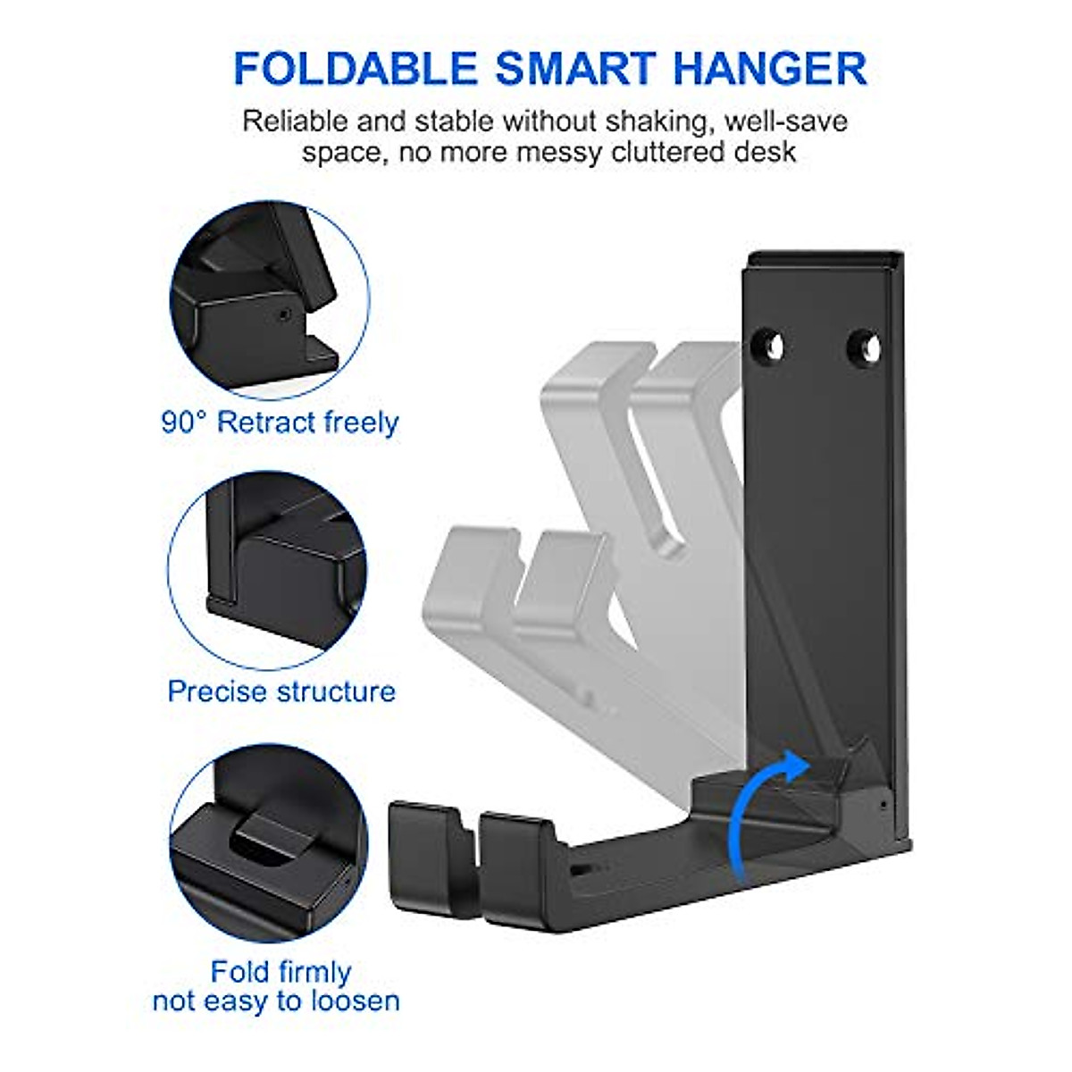 Link Dream Foldable Headphone Hanger Headphone Stand Aluminum Headset Hook Holder Mount Strong 3M Adhesive Headphone Hanger Mount with Cable Organizer for All Headphones - Space Saving Design (Black)