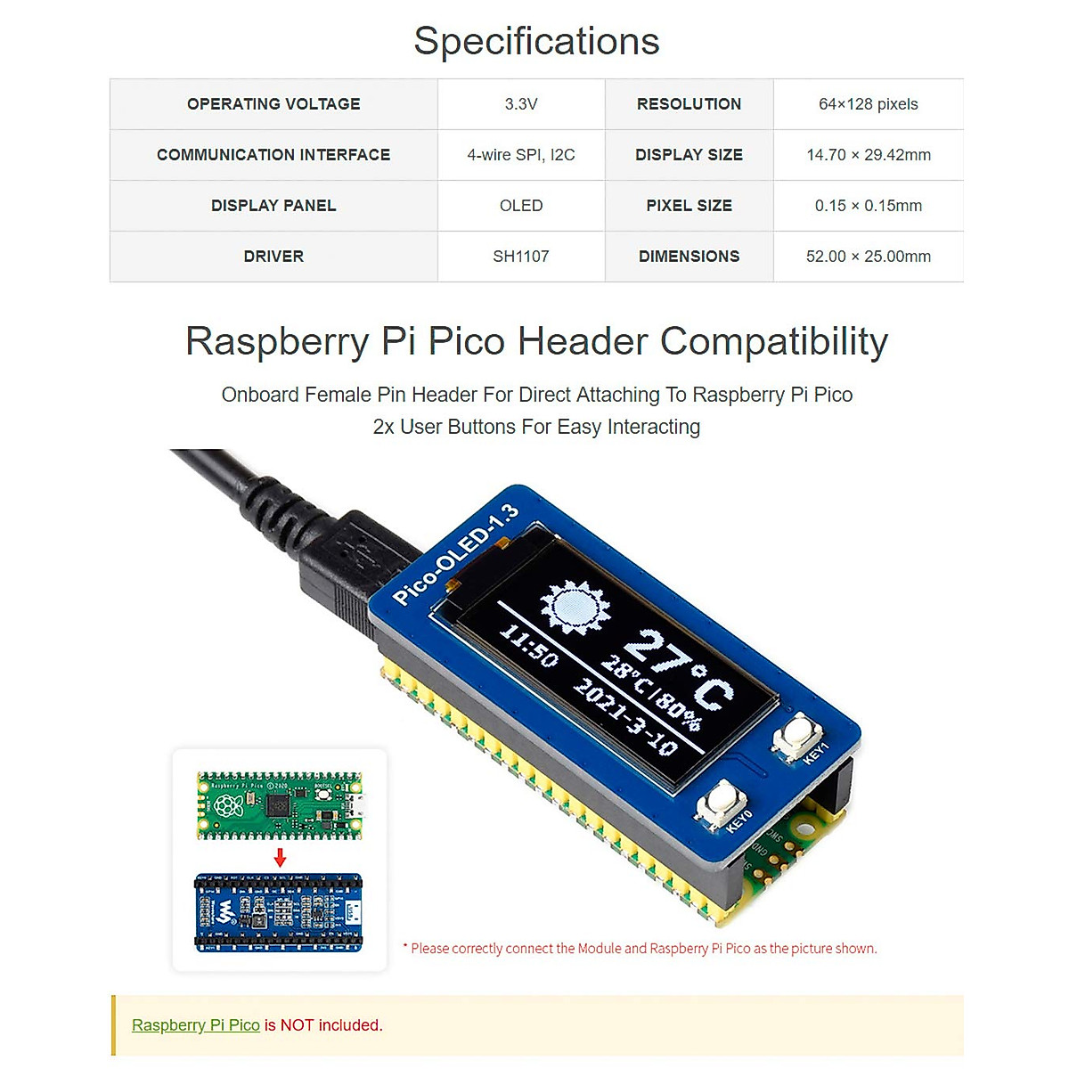 waveshare 1.3inch OLED Display 64×128 Pixels OLED Module for Raspberry Pi Pico Microcontroller Board, Embedded SH1107 Driver,SPI and I2C Interface