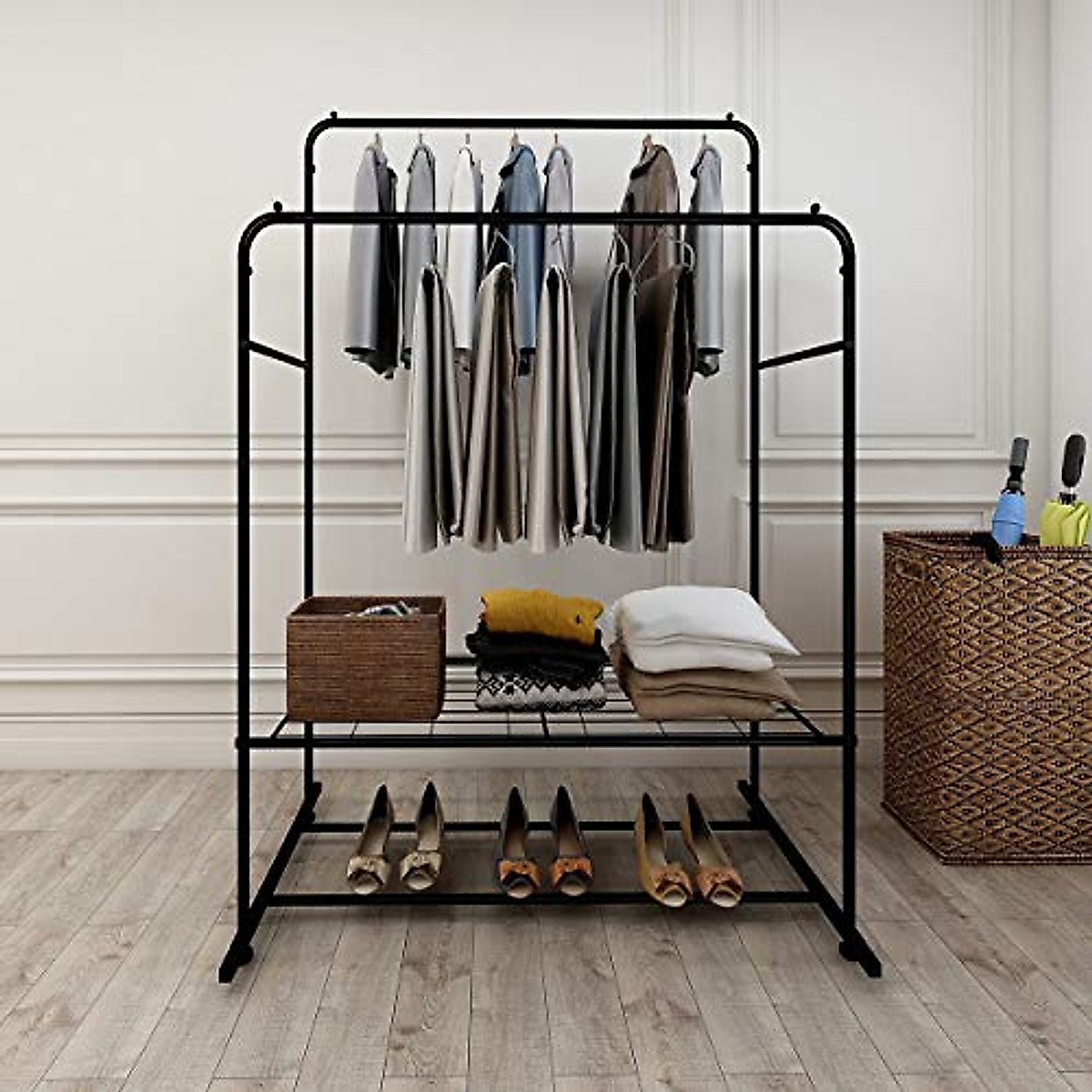 Ustamio Clothes Rack with Double Rods & Double Bottom Shelves, Simple Houseware Metal Portable Clothing Hanging Garment Rack 43.3'' Inches for hanging dresses, suits and shirts, Chrome (Black)