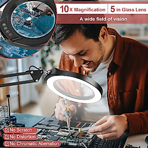 10X Veemagni 2-in-1 Magnifying Glass with Light and Stand, 3 Color Modes Stepless Dimmable, Real Glass Desk Lamp & Clamp, LED Lighted Magnifier with Light for Reading Crafts Repair Close Works